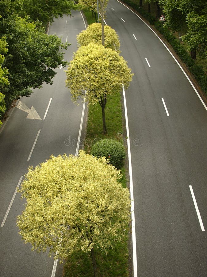 Double Way Road with Trees on Center Stock Image - Image of houses ...