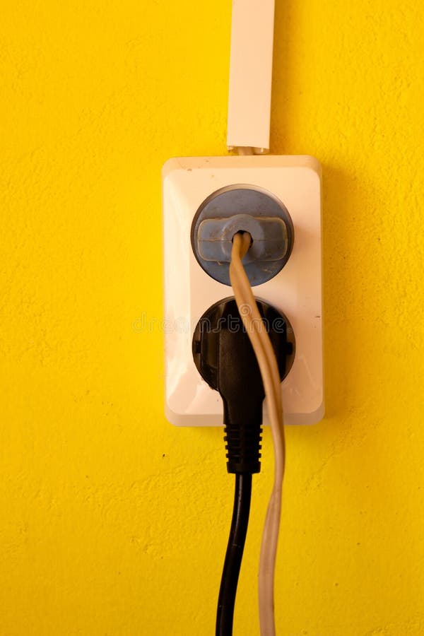 Double White Socket Yellow Wall. Electric Wires. Stock Photo - Image of ...
