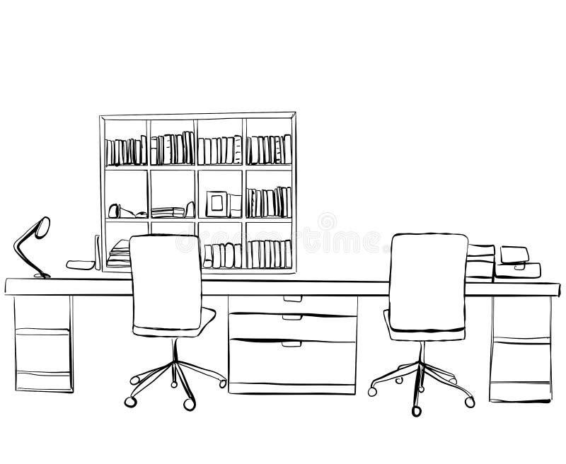 Double Workspace Sketch. Chair, Table, Computer, Office Furniture ...