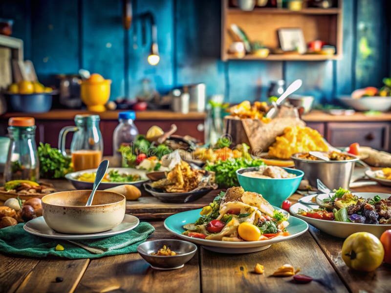A DoubleExposure View of a Cluttered Kitchen Table Dirty Dishes and the ...