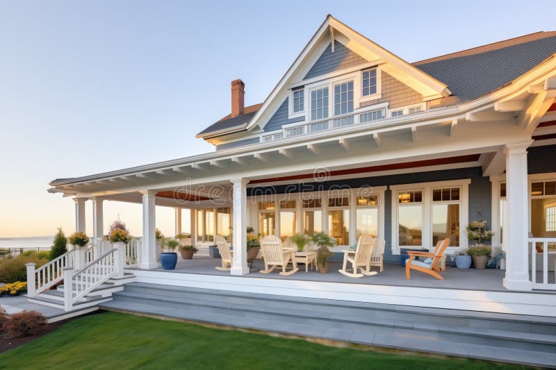 Doublestory Shingle Style Home with Expansive Front Veranda Stock Image ...