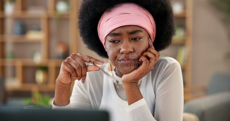 Doubt, Education and Laptop with Black Woman Student in Home Study for ...