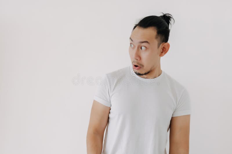 Doubt Hesitate Funny Face Man in White T-shirt Isolate on White. Stock ...