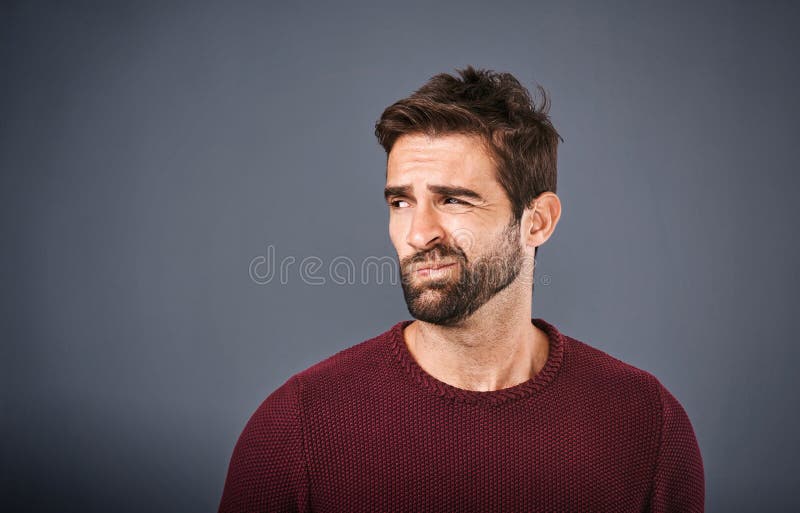 Doubt, Thinking and Face of Unsure Man in Studio with Worry, Uncertain ...