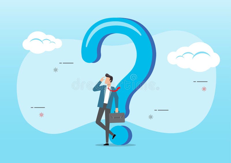 Doubtful Businessman Thinking about Answer with Big Question Mark Stock ...