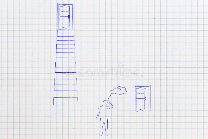 Doubtful Man Choosing between Hard Work Vs Easy Path with Door U Stock ... Doubtful Man Choosing between Hard Work Vs Easy Path with Door U Stock ...