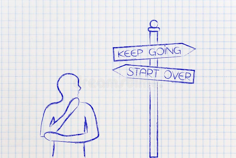 Doubtful Man Next To Road Sign Keep Going or Start Over Stock ...