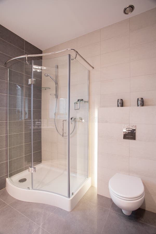 Toilette avec la douche photo stock. Image du gris, étage - 40533688