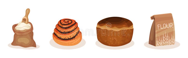 Dough and Baked Bread and Bun with Sack and Pack of Flour Vector Set ...