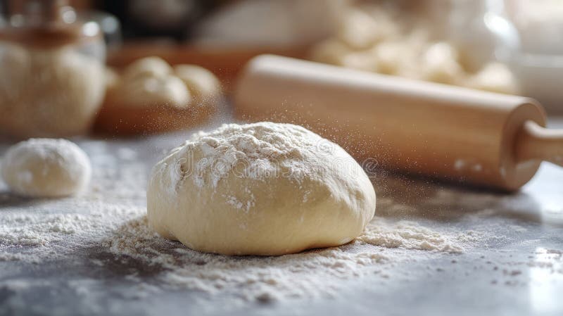 Dough Ball with Flour, Rolling Pin in the Background. Stock Image ...