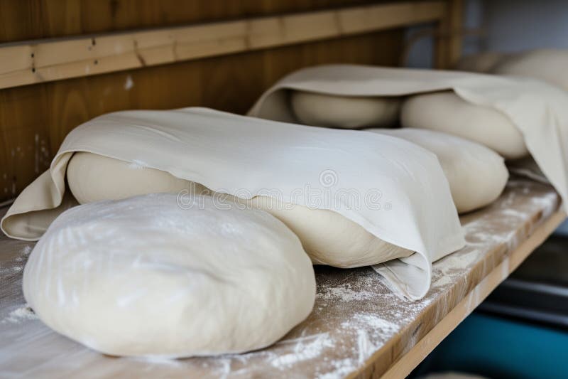 Dough Being Covered with a Cloth for Fermentation on a Shelf Stock ...