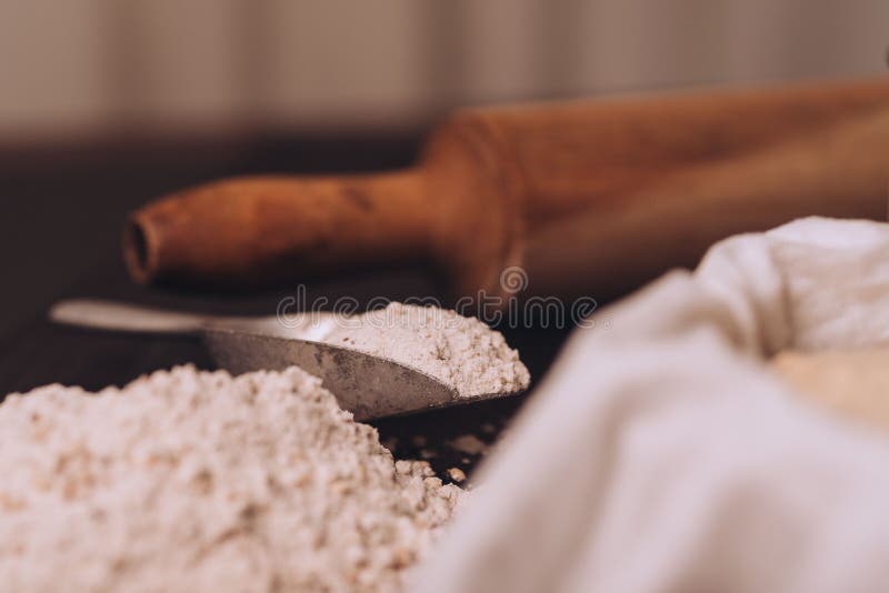Dough with Flour and Roller on Table Stock Image - Image of homemade ...
