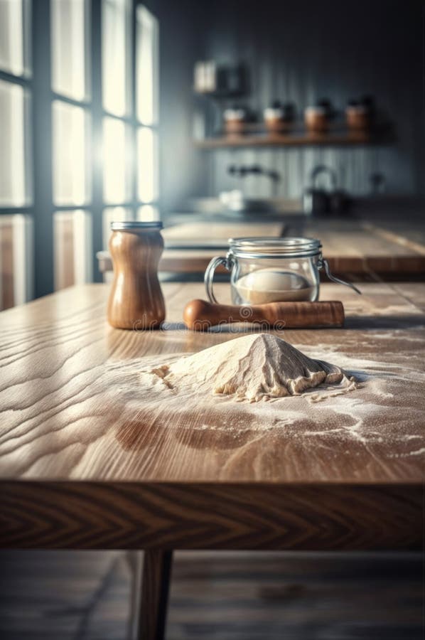 Dough and Flour on Wooden Table in Modern Kitchen Stock Illustration ...