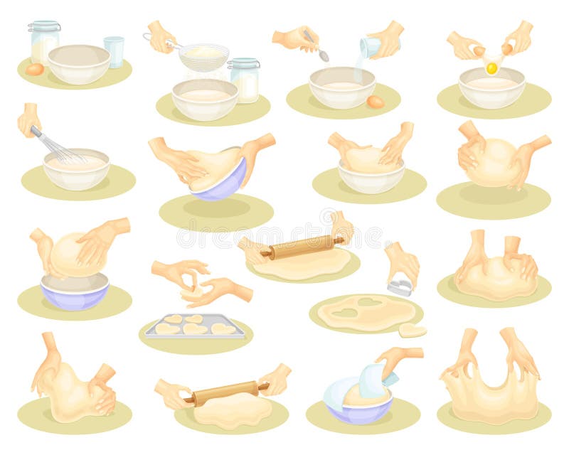 Dough Kneading with Hands and Homemade Bakery Big Vector Set Stock ...