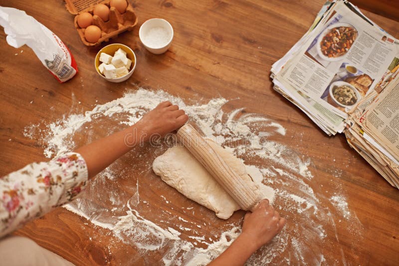 Dough, Recipe and Hands with Rolling Pin on Table, Above Baking in ...