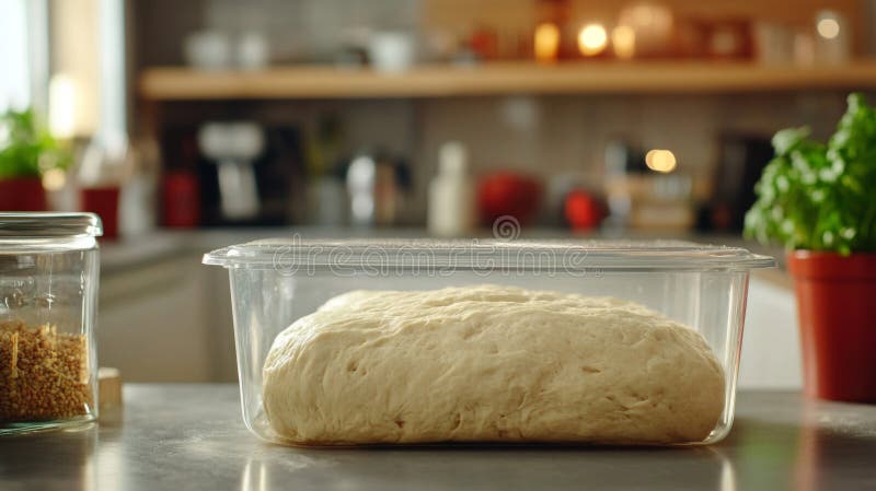 Dough Rising in a Clear Plastic Container in Kitchen Stock Illustration ...