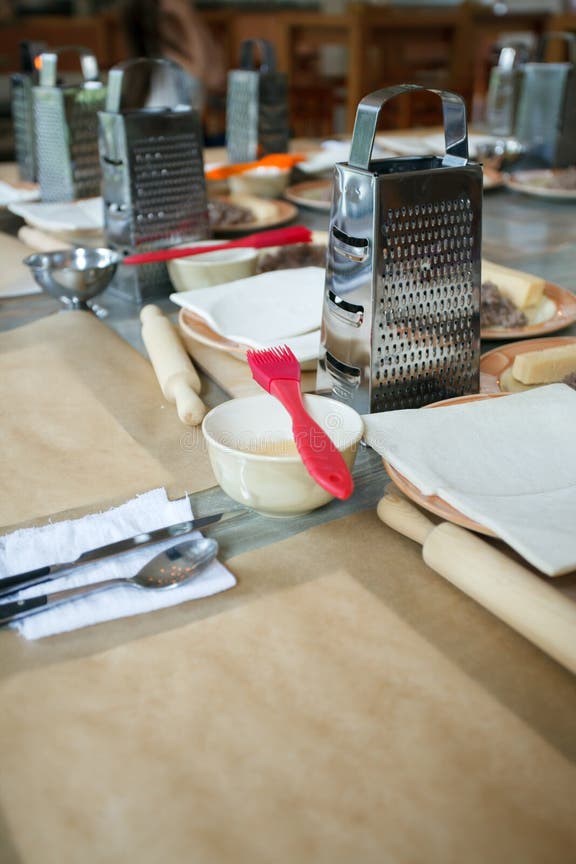 Dough and Utensils for Cooking Classes on Wooden Table, Concept of ...