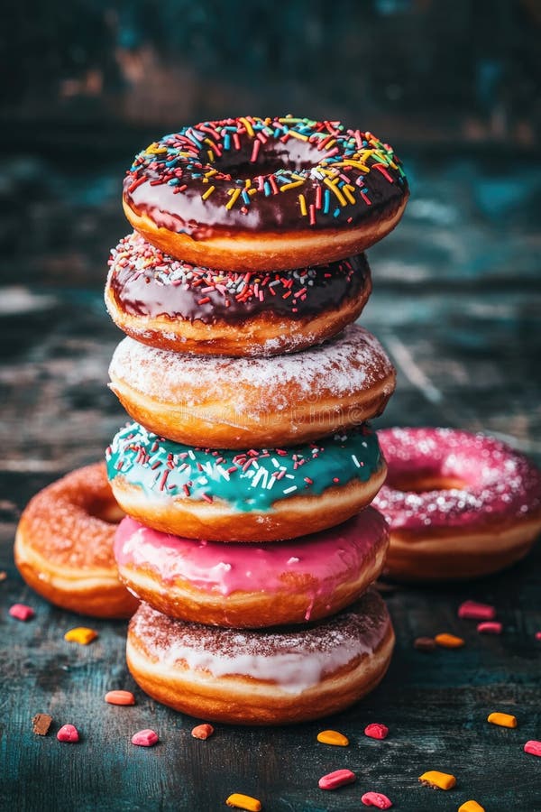 Doughnuts stacked on table stock photo. Image of food - 362049978