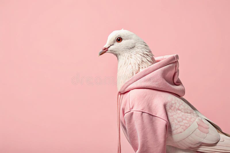 Dove with a Elegant Pink Hoody on a Solid Studio Pink Color Background ...
