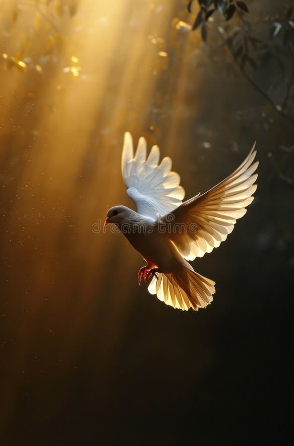 Dove in Flight with a Sun and Light Bridging in Stock Image - Image of ...