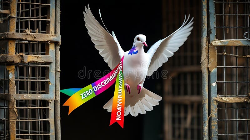 Dove Flying from Cage with Ribbon Reading Zero Discrimination Stock ...