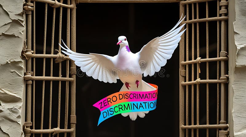 Dove Flying from Cage with Ribbon Reading Zero Discrimination Stock ...