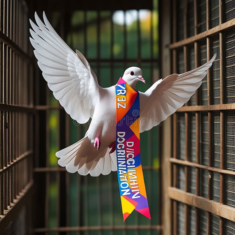 Dove Flying from Cage with Ribbon Reading Zero Discrimination Stock ...