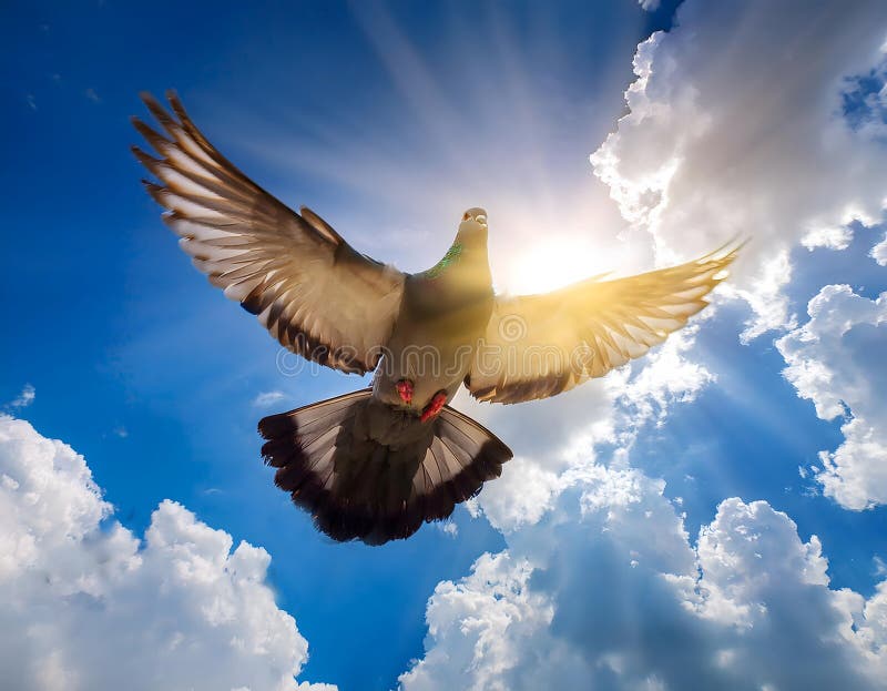 A Dove Flying in the Sky with the Sun Shining through the Clouds Stock ...