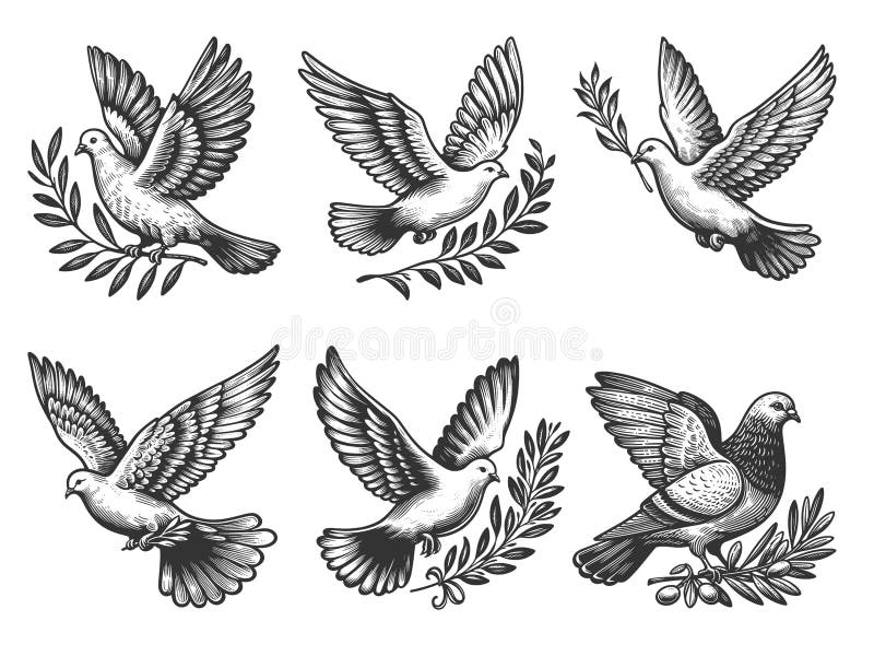 Dove with Olive Branch Engraving Vector Collection Stock Vector ...