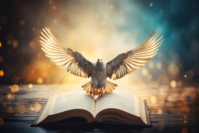 A Dove with Outstretched Wings Over an Open Bible in the Sunlight Stock ...