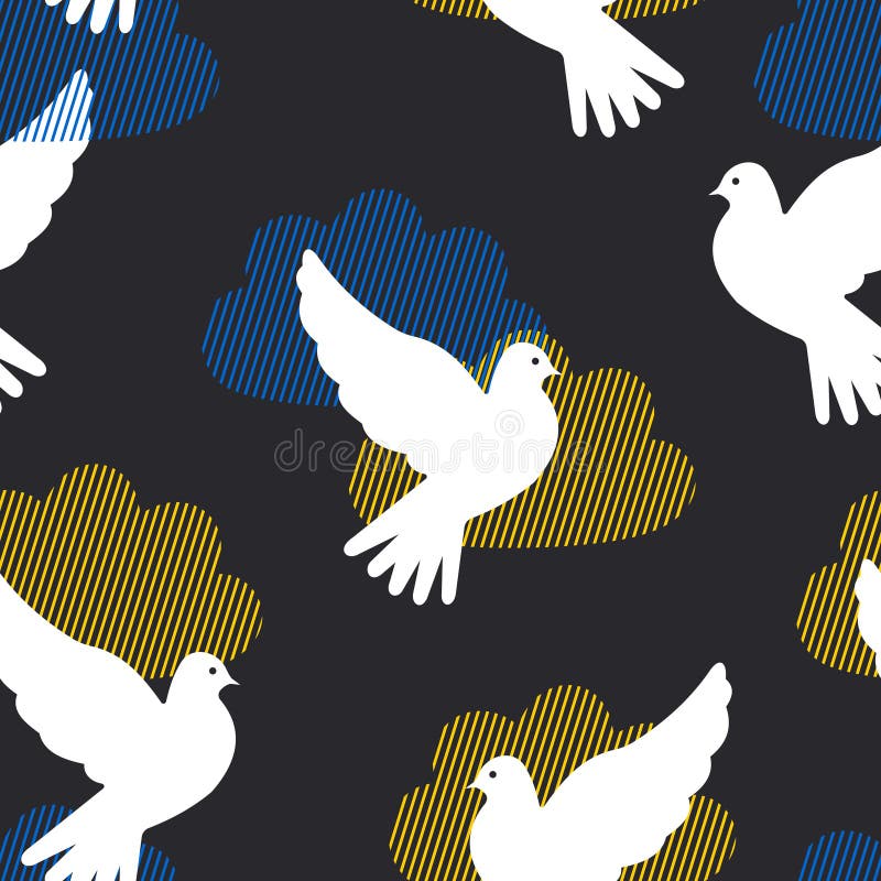 White Doves of Peace Fly among Yellow and Blue Clouds Against a Gloomy ...