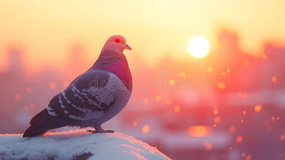 A Dove Perched on Snowy Rooftop at Sunset Stock Illustration ...