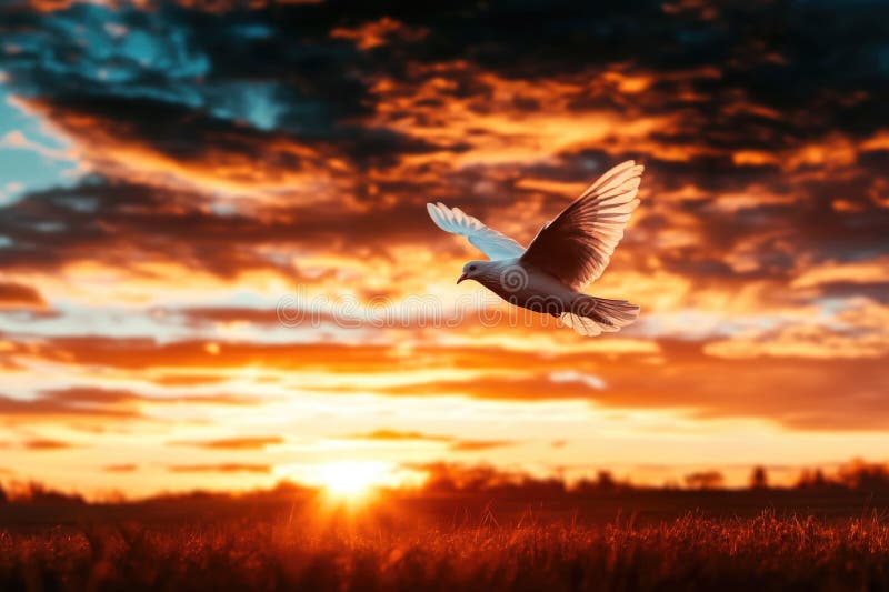 Dove Soaring at Sunset with Dramatic Clouds in the Background Stock ...