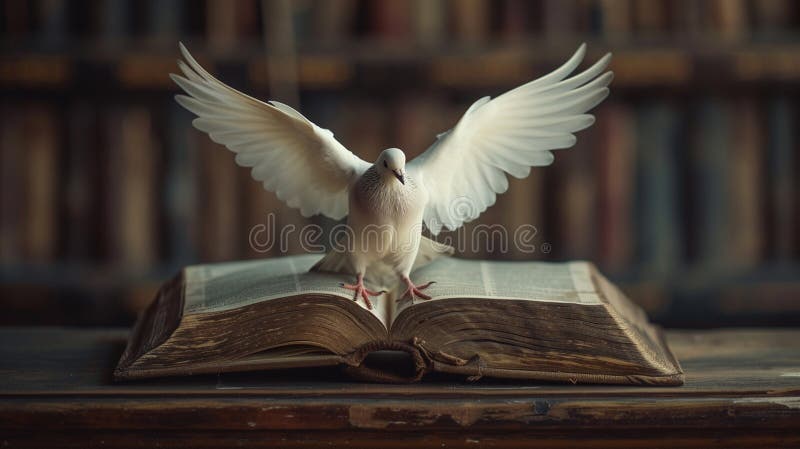 Dove with Spread Wings Over the Bible Stock Image - Image of gospel ...