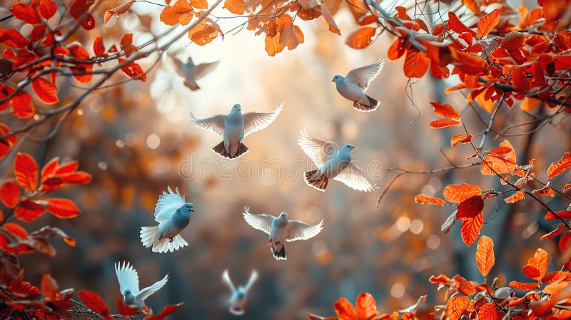 Doves in Autumn Leaves stock illustration. Illustration of bright ...
