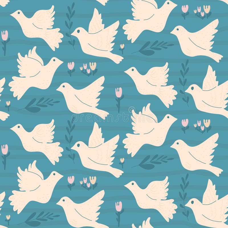 Doves and Flowers on a Blue Background Seamless Pattern. Flying Pigeon ...