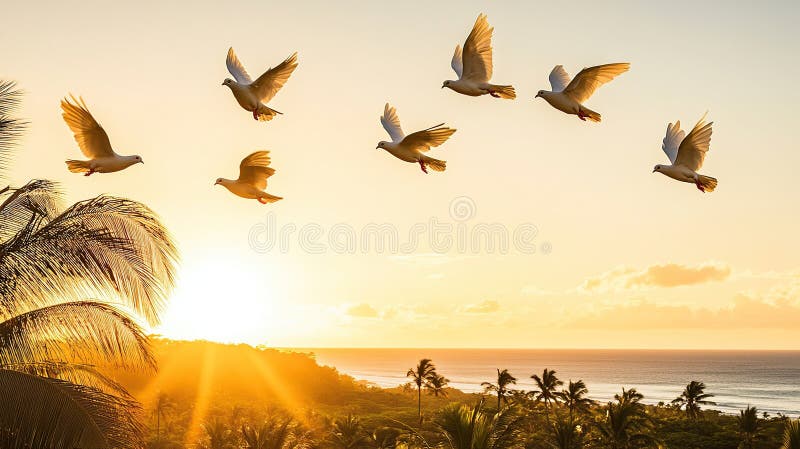 Doves Flying Sunset Tropical Beach Sunrise Peace Stock Image - Image of ...