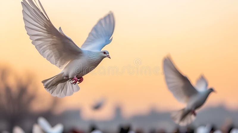 Doves Gracefully Soaring through the Sunset Sky in a Display of Freedom ...