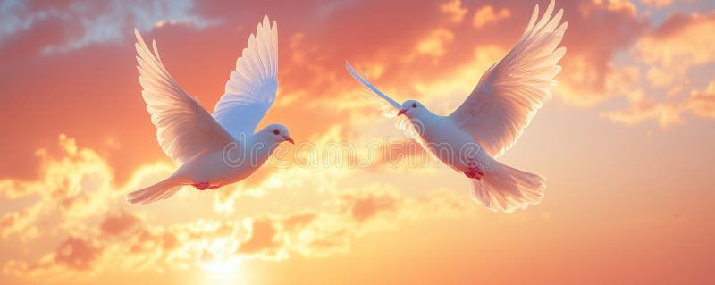 Doves Soar through the Colorful Sky during Sunset, Embodying Freedom ...
