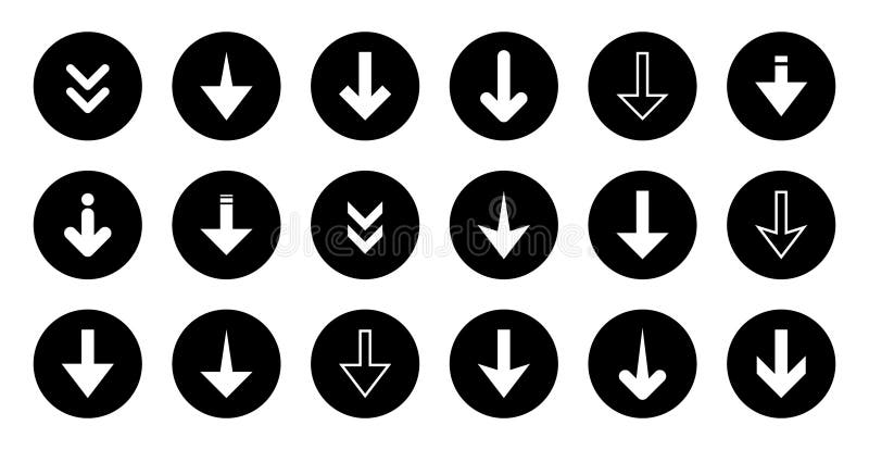 Down Arrow Icon Set Collection on Black Circle. Decrease Concept Stock Vector - Illustration of ...
