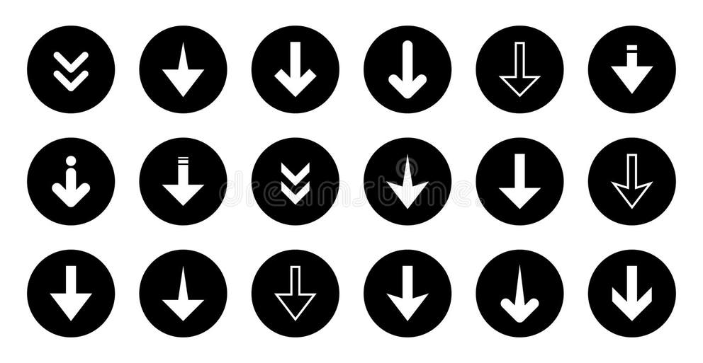 Down Arrow Icon Set Collection on Black Circle. Decrease Concept Stock Vector - Illustration of ...