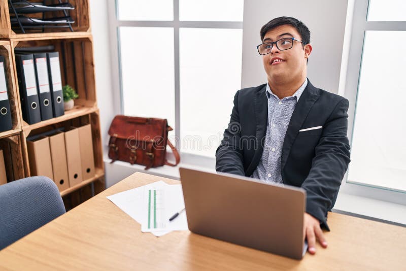 Down Syndrome Man Business Worker Using Laptop Working at Office Stock ...