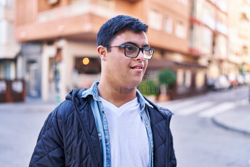 Down Syndrome Man Smiling Confident Standing at Street Stock Photo ...