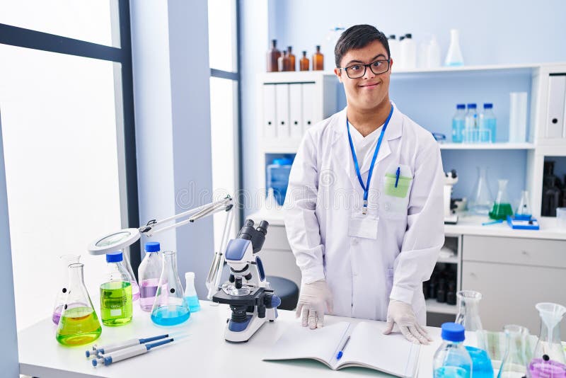 Down Syndrome Man Wearing Scientist Uniform Standing at Laboratory ...