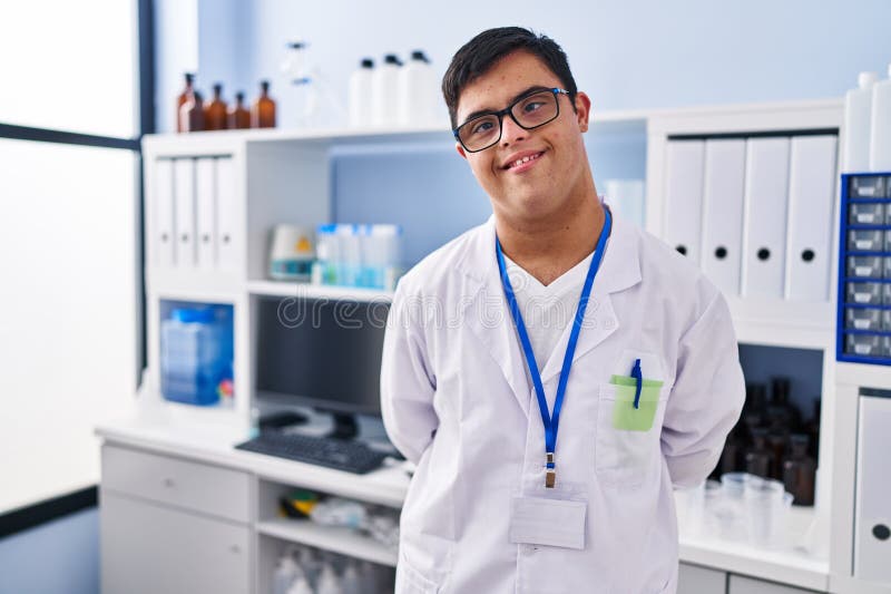 Down Syndrome Man Wearing Scientist Uniform Standing at Laboratory ...