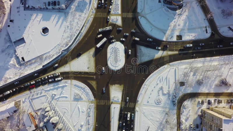 Down View of Intersection in Winter, Circle Crossroad with Traffic and ...