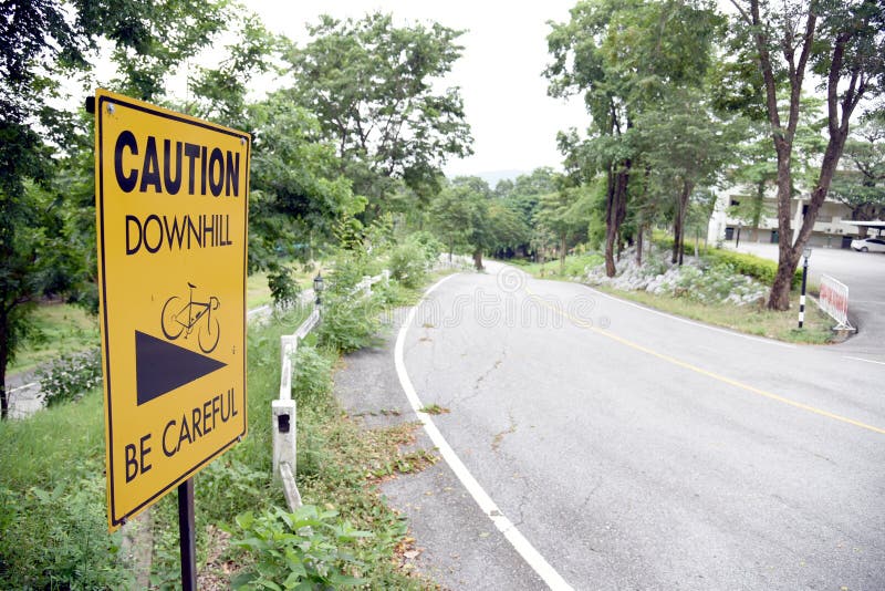Downhill Bike Sign. Caution Downhill. Be Careful. Stock Image - Image ...