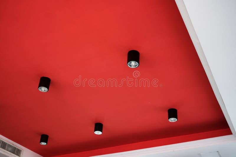 Downlights on Red Ceiling Background. Stock Photo - Image of bright ...