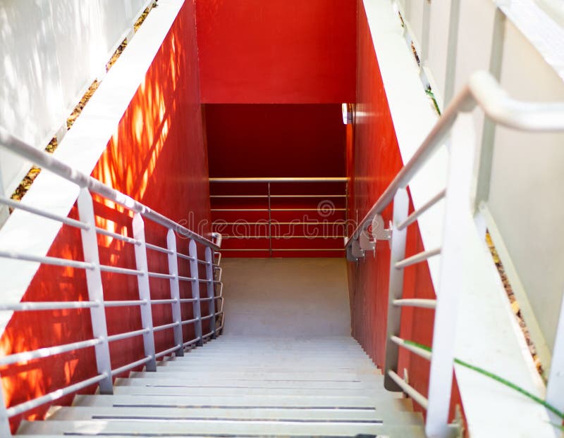 Downstairs into Red Corridor from Outside. View from Above Stock Photo ...