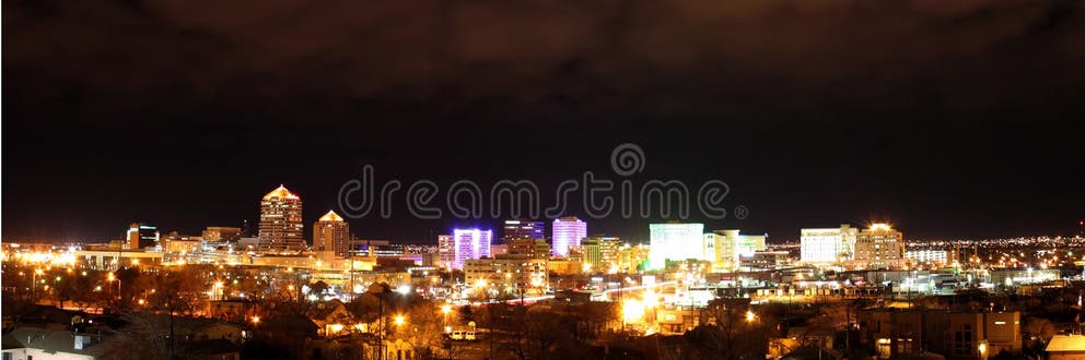 Downtown Albuquerque at Night Panorama Stock Image - Image of district ...